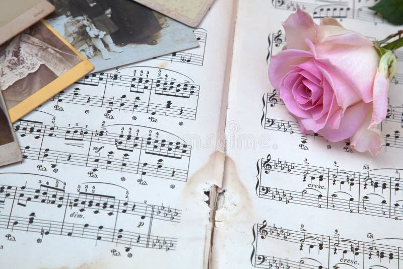 Rose with Old Photos and Music Notes Stock Photo - Image of dreamy ...