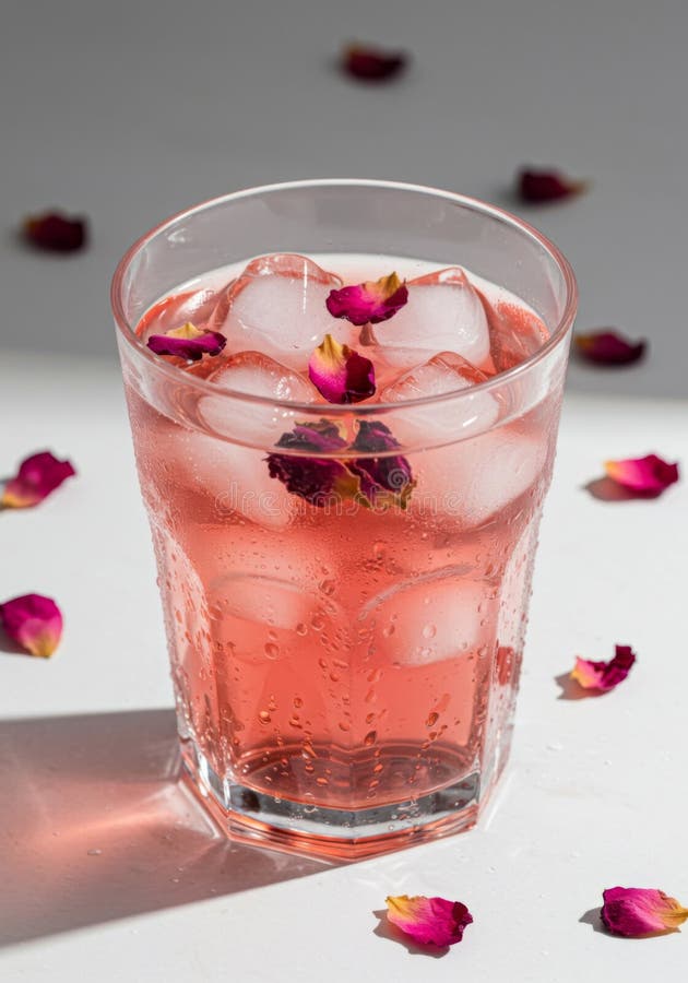 Pink Rose Petal Iced Drink in Glass Stock Illustration - Illustration ...