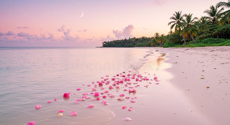 Pink Rose Petals Dot a Serene Beach at Sunset, with Gentle Waves ...