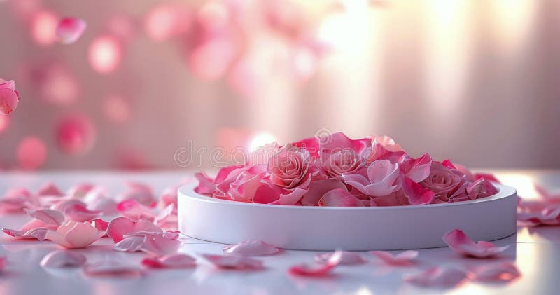 Pink Rose Petals Falling on White Platform Stock Image - Image of ...
