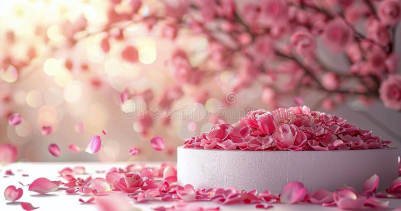 Pink Rose Petals Falling on White Platform Stock Image - Image of ...