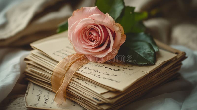A Pink Rose Rests upon a Stack of Old Letters Stock Illustration ...