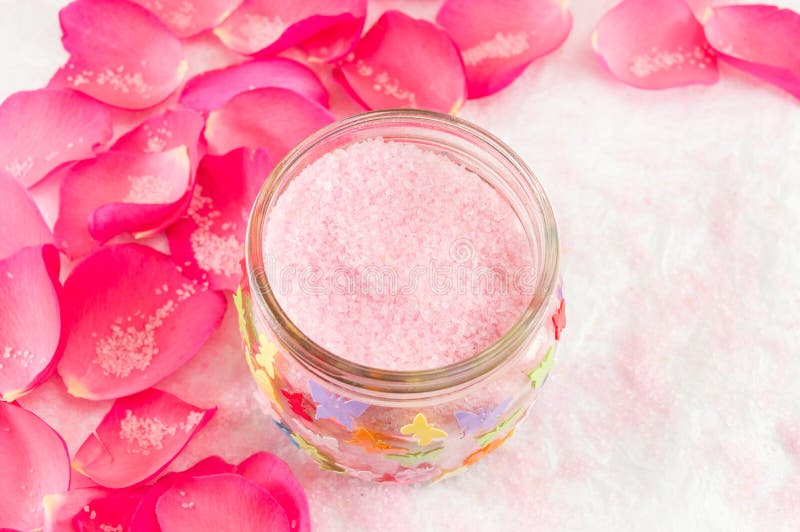 Pink Rose on Rose Petals and Bath Salt Stock Image - Image of closeup ...