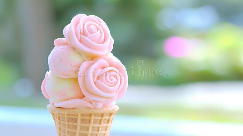 Pink Rose Shaped Ice Cream in Waffle Cone Outdoors. Generative AI Stock ...