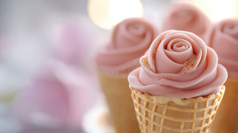 Pink Rose Shaped Ice Cream in Waffle Cones, Soft and Elegant ...
