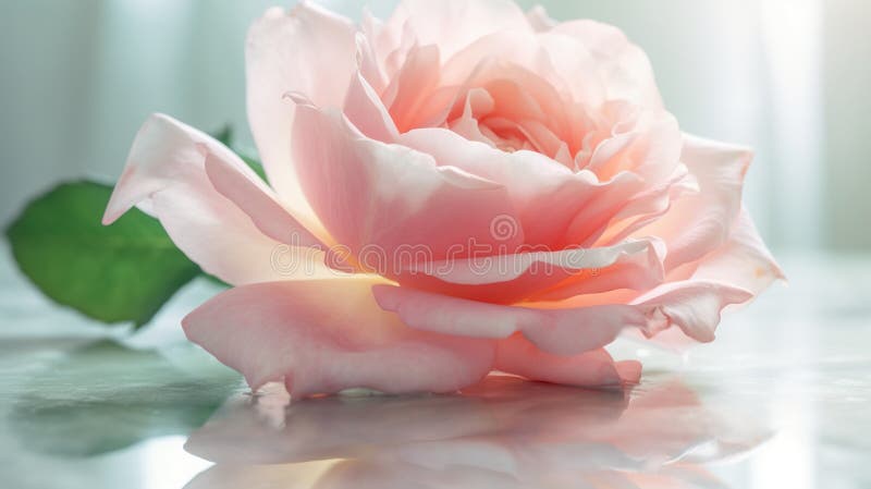 A Pink Rose is Sitting on a Shiny Surface with a Green Leaf Stock ...