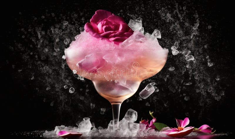 A Pink Rose Sitting on Top of a Glass Filled with Ice Stock ...