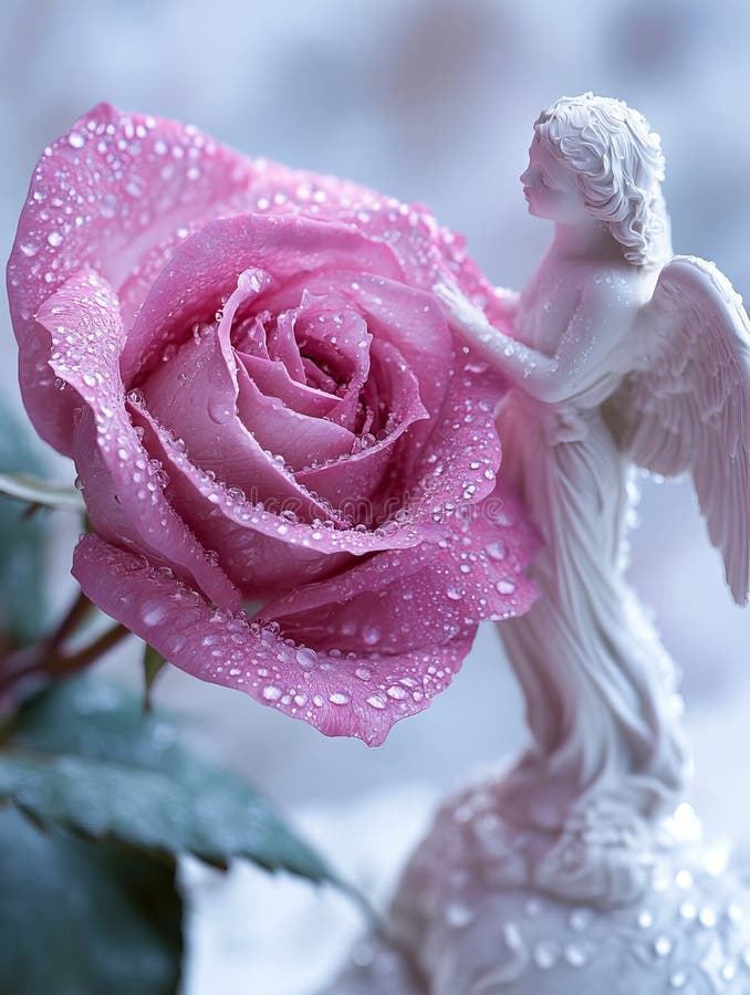 A Pink Rose with a Statue of an Angel Holding a Pink Rose Stock Photo ...