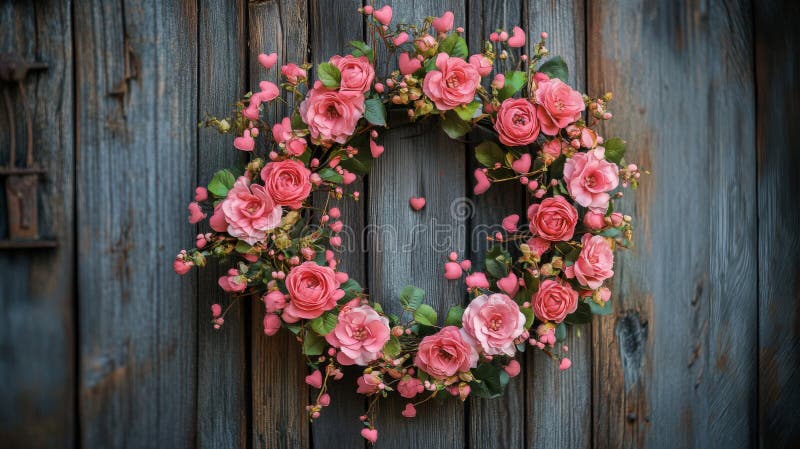 Pink Rose Wreath on Rustic Wooden Door Stock Illustration ...