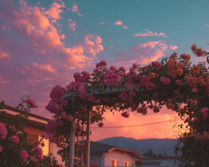 Pink Roses Arch at Sunset Garden Stock Illustration - Illustration of ...
