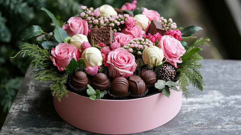 Pink Roses and Assorted Chocolates Arranged in a Pink Round Box Stock ...