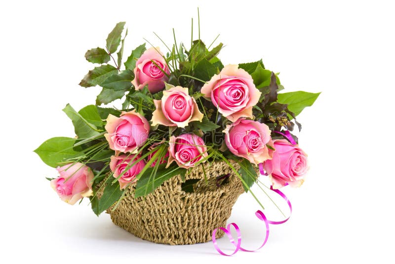 Pink roses in a basket stock photo. Image of anniversary - 29539060