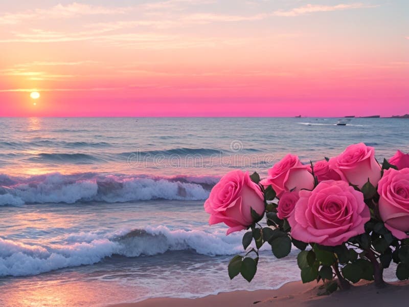 Pink Roses on Beach at Sunset Stock Illustration - Illustration of ...