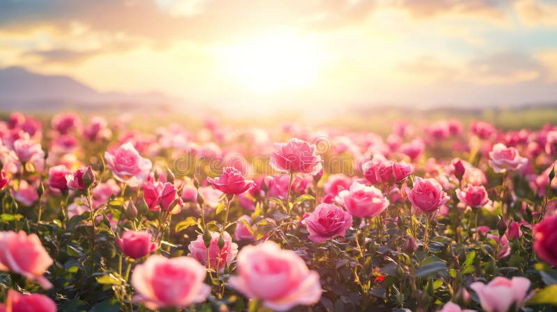 Pink Roses Blooming in a Field at Sunset Stock Illustration ...