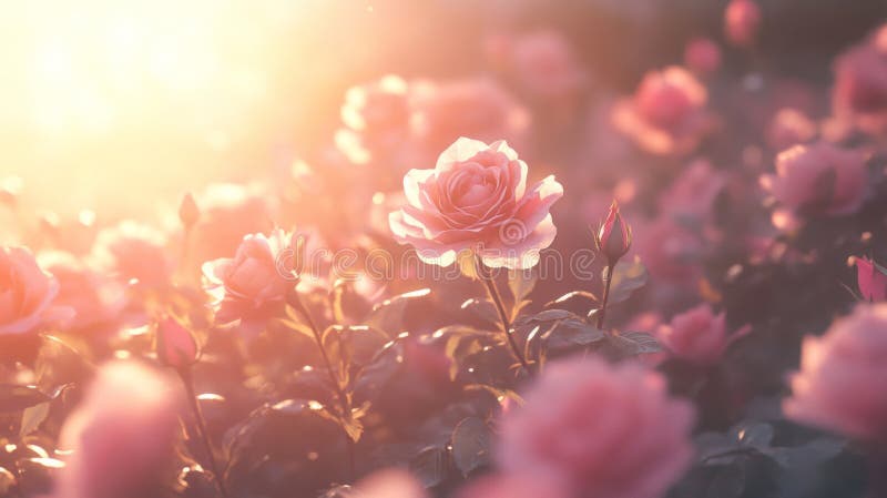 Pink Roses Blooming in Golden Sunset Light Stock Illustration ...