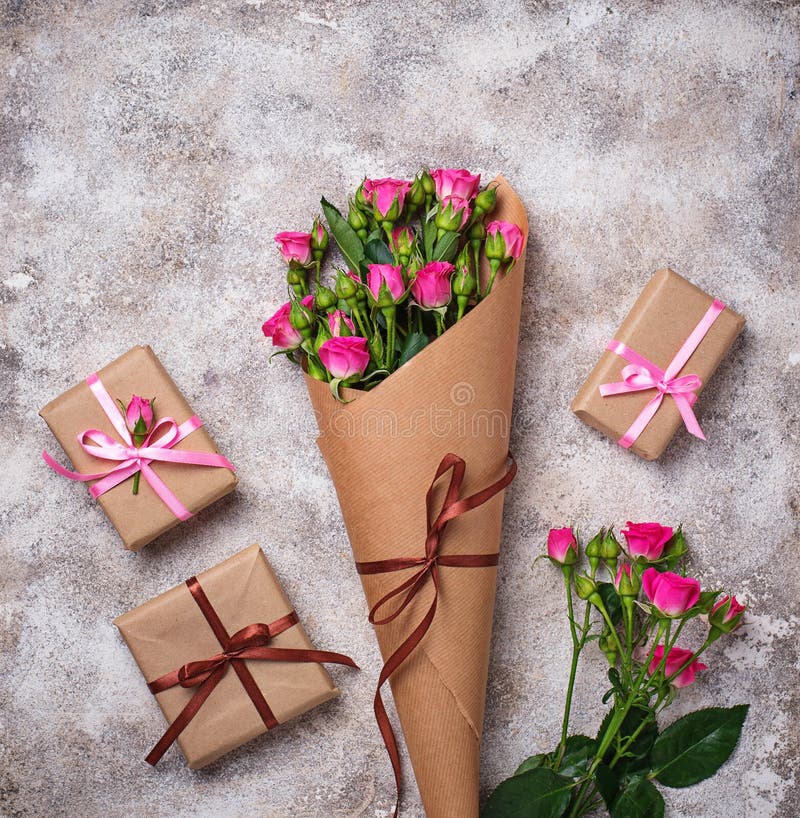 Pink Roses Bouquet and Gift Boxes Stock Image - Image of presents ...