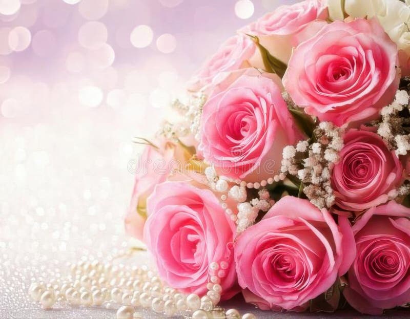 Pink Roses Bouquet with Pearls on a Soft Pastel Background Stock ...