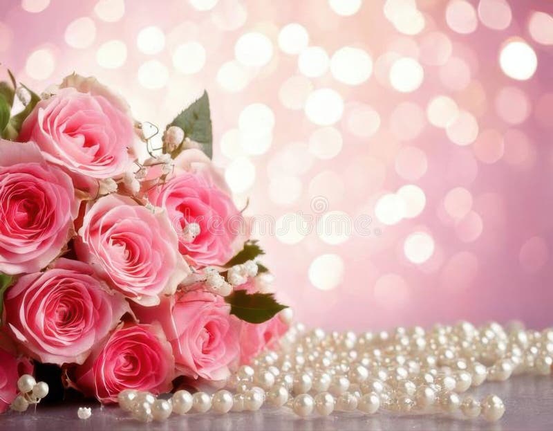 Pink Roses Bouquet with Pearls on a Soft Pastel Background Stock ...