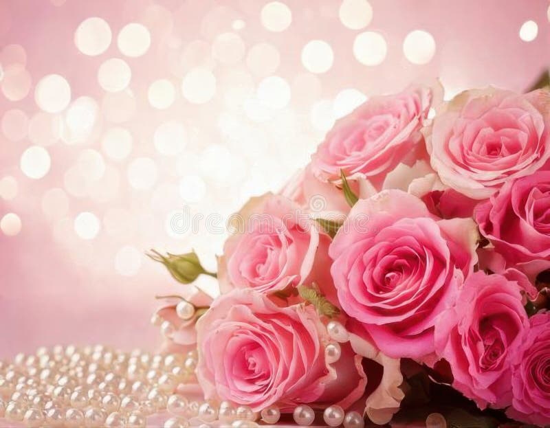 Pink Roses Bouquet with Pearls on a Soft Pastel Background Stock ...