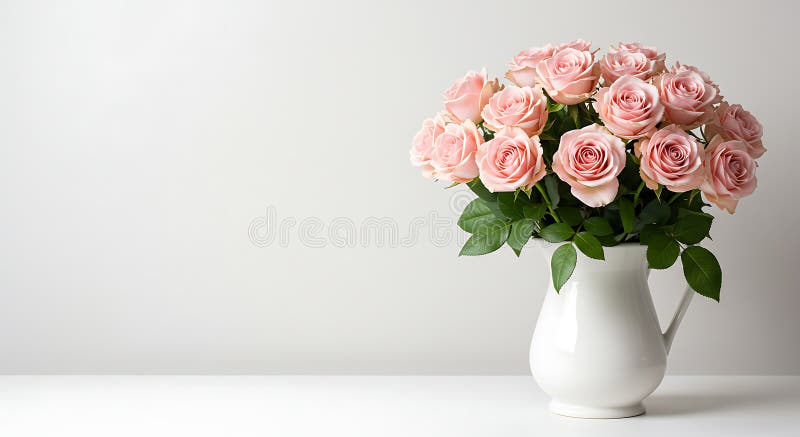 Pink Roses Bouquet in Pitcher on White Surface with Empty Space Stock ...