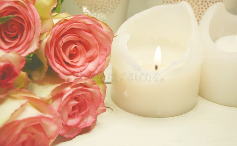 Pink Roses and Candle Light Stock Photo - Image of valentines, aromatic ...