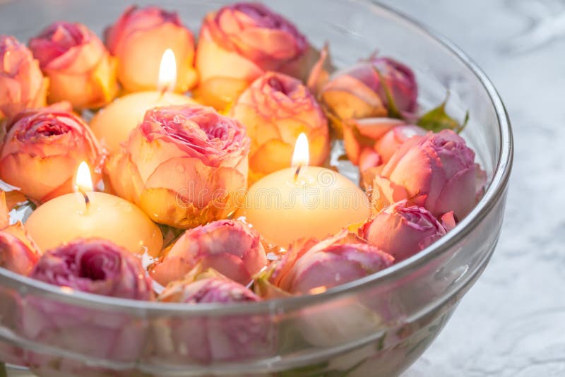 Pink roses and candles stock photo. Image of decorative - 110303256