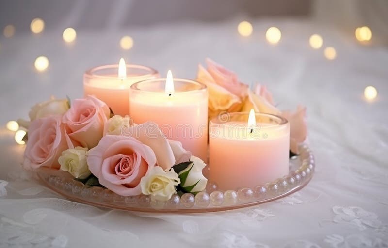 Pink Roses and Candles, Wedding Decor Stock Photo - Image of fiancee ...