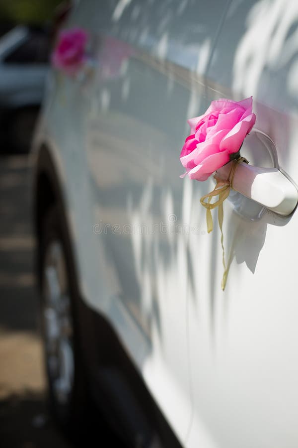 Pink Roses on the Car Door. Wedding Car Decorations Stock Image - Image ...