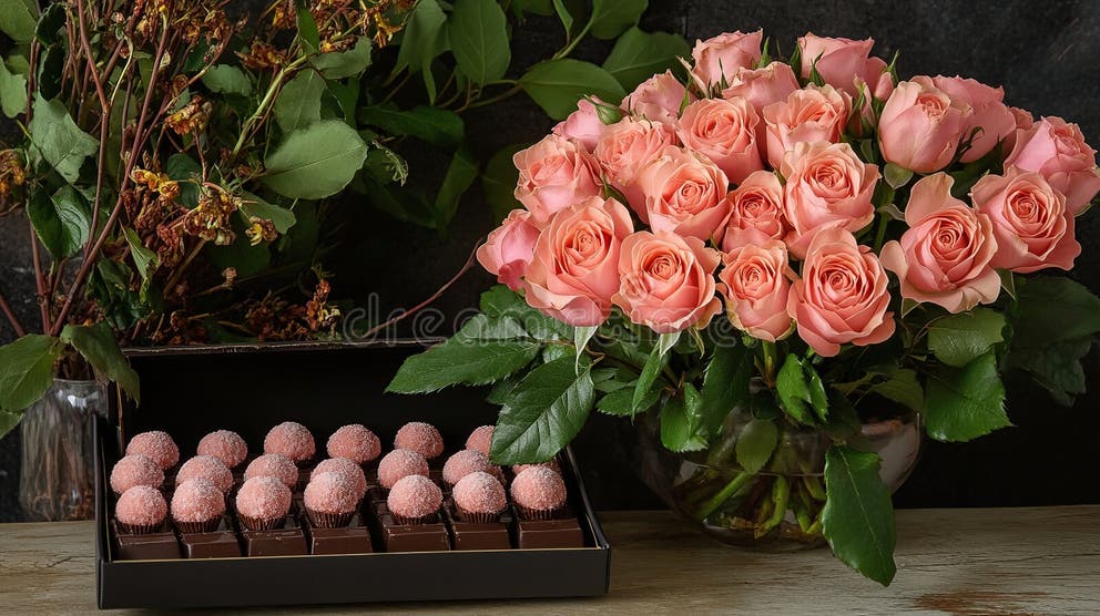 Pink Roses and Chocolates in a Box Stock Illustration - Illustration of ...