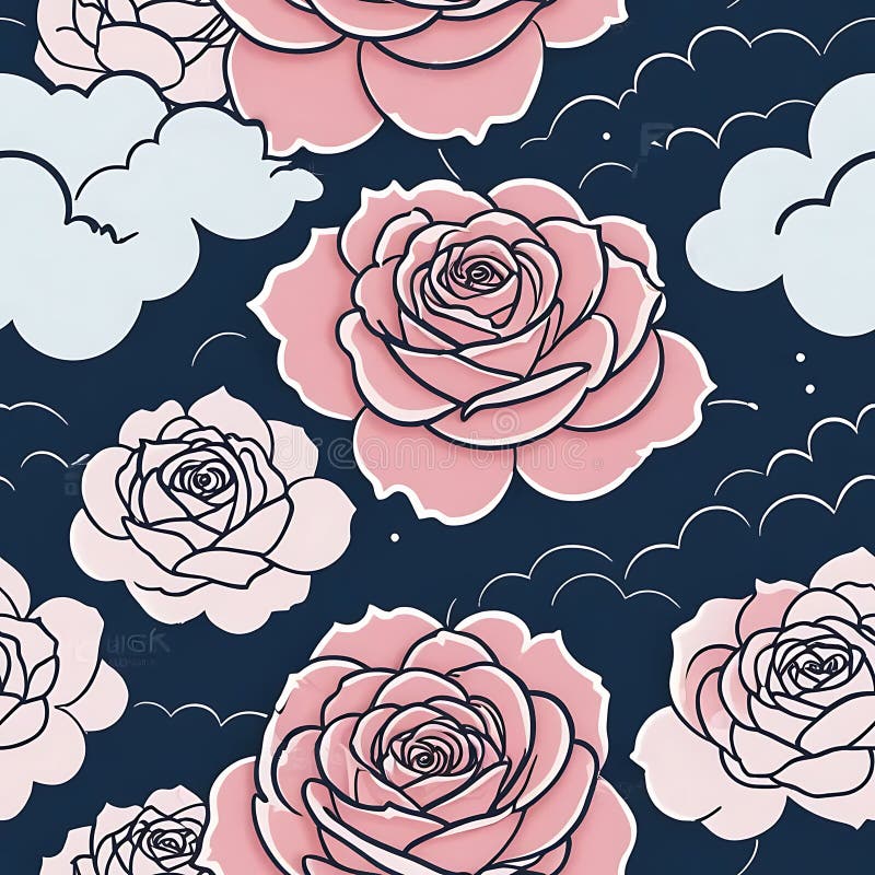 Pink Roses and Clouds Dreamy Floral Pattern Design Stock Illustration ...