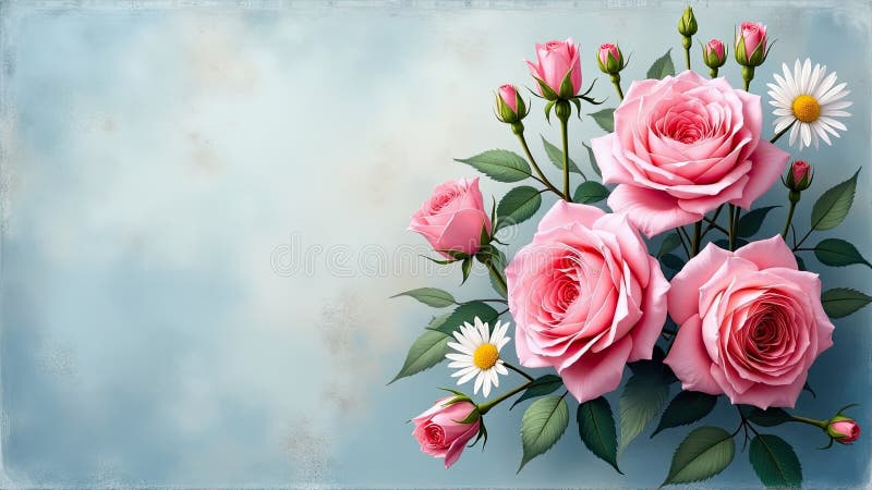 Pink Roses and Daisies on Blue Background. Stock Illustration ...