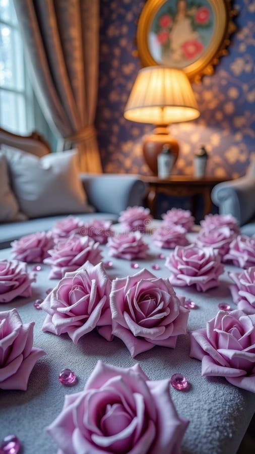 Pink Roses on Elegant Sofa in Luxurious Living Room with Soft Lighting ...