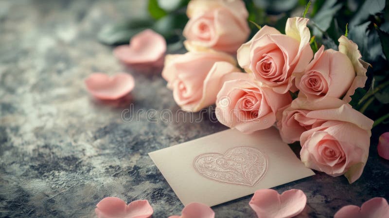 Pink Roses and an Envelopes with an Embossed Heart Design Stock ...