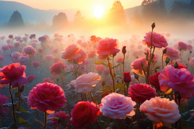Pink Roses Field in Morning Mist Stock Photo - Image of horizon, people ...