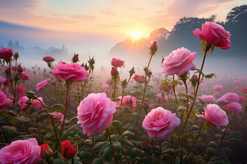 Pink Roses Field in Morning Mist Stock Illustration - Illustration of ...