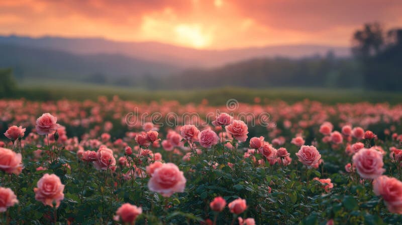 Pink Roses in a Field at Sunset Stock Illustration - Illustration of ...