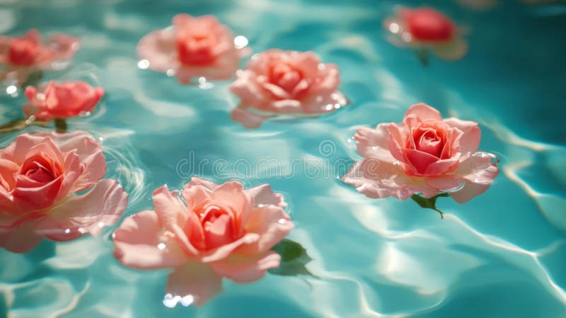 Pink Roses Floating on Aqua Water Stock Illustration - Illustration of ...