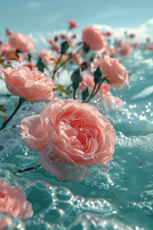 Pink Roses Floating on Blue Water on a Sunny Day Stock Photo - Image of ...