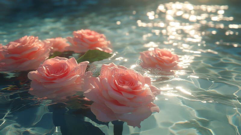 Pink Roses Floating Gently on Aqua Water Stock Illustration ...