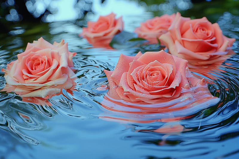 Pink Roses Floating on Water Surface Creating Concentric Ripples Stock ...