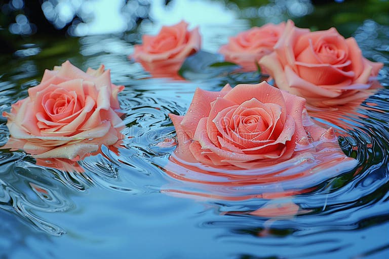 Pink Roses Floating on Water Surface Creating Concentric Ripples Stock ...