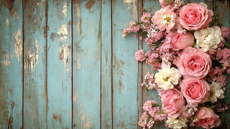 Pink Roses and Flowers on Rustic Wood Background Stock Illustration ...