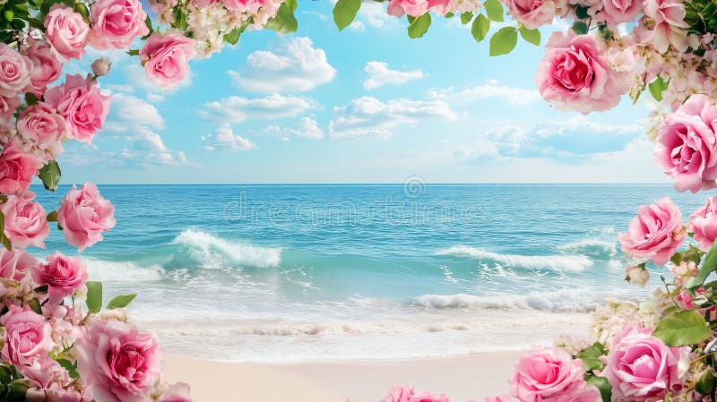 Pink Roses Frame Ocean Beach Scene Stock Image - Image of dawn, shape ...