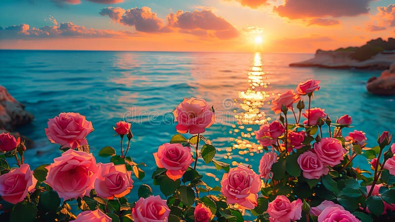 Pink Roses in Front of the Ocean at Sunset Stock Image - Image of ocean ...