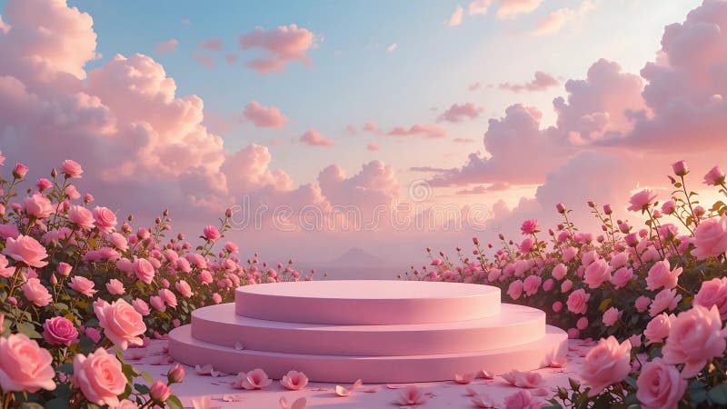 Pink Roses Garden with Podium Stage for Product Display Presentation ...