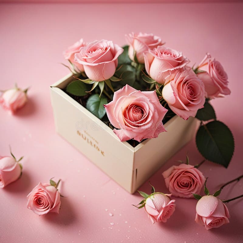 Pink Roses and Gift Box on a Pink Background, Romantic Sharing Present ...