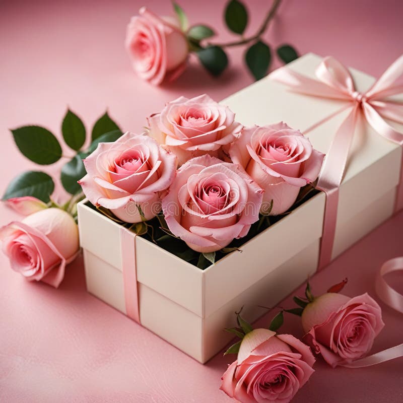Pink Roses and Gift Box on a Pink Background, Romantic Sharing Present ...
