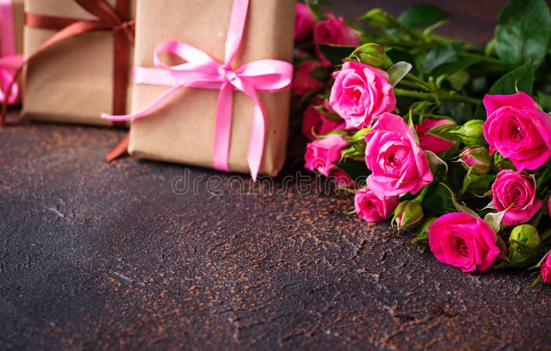 Pink Roses and Gift Boxes with Ribbons Stock Image - Image of bloom ...
