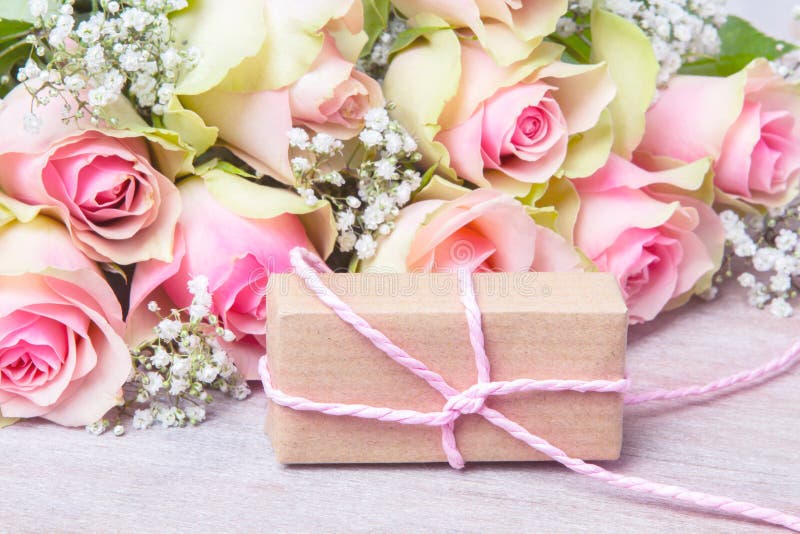 Pink Roses and Gift.for Valentine`s Day Stock Photo - Image of love ...
