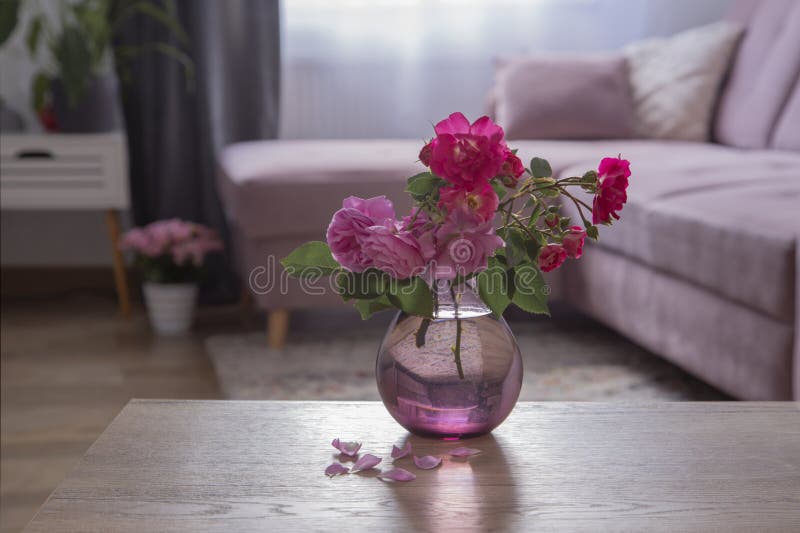 Pink Roses in Glass Vase at Home Stock Photo - Image of glass, interior ...